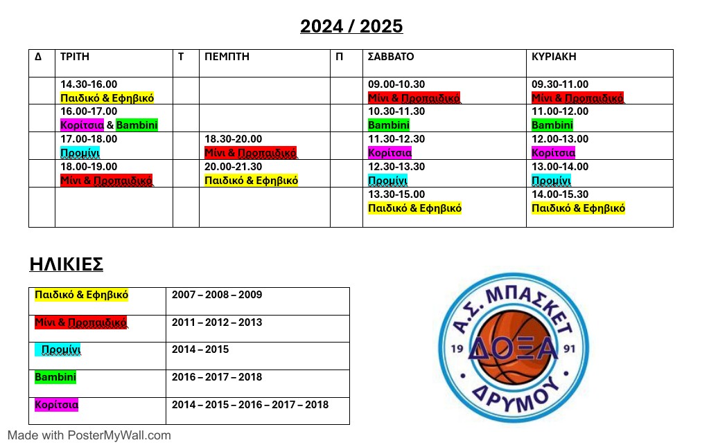 ΠΡΟΓΡΑΜΜΑ ΠΕΡΙΟΔΟΥ 2024-2025 - Α.Σ. ΔΟΞΑ ΔΡΥΜΟΥ ΜΠΑΣΚΕΤ